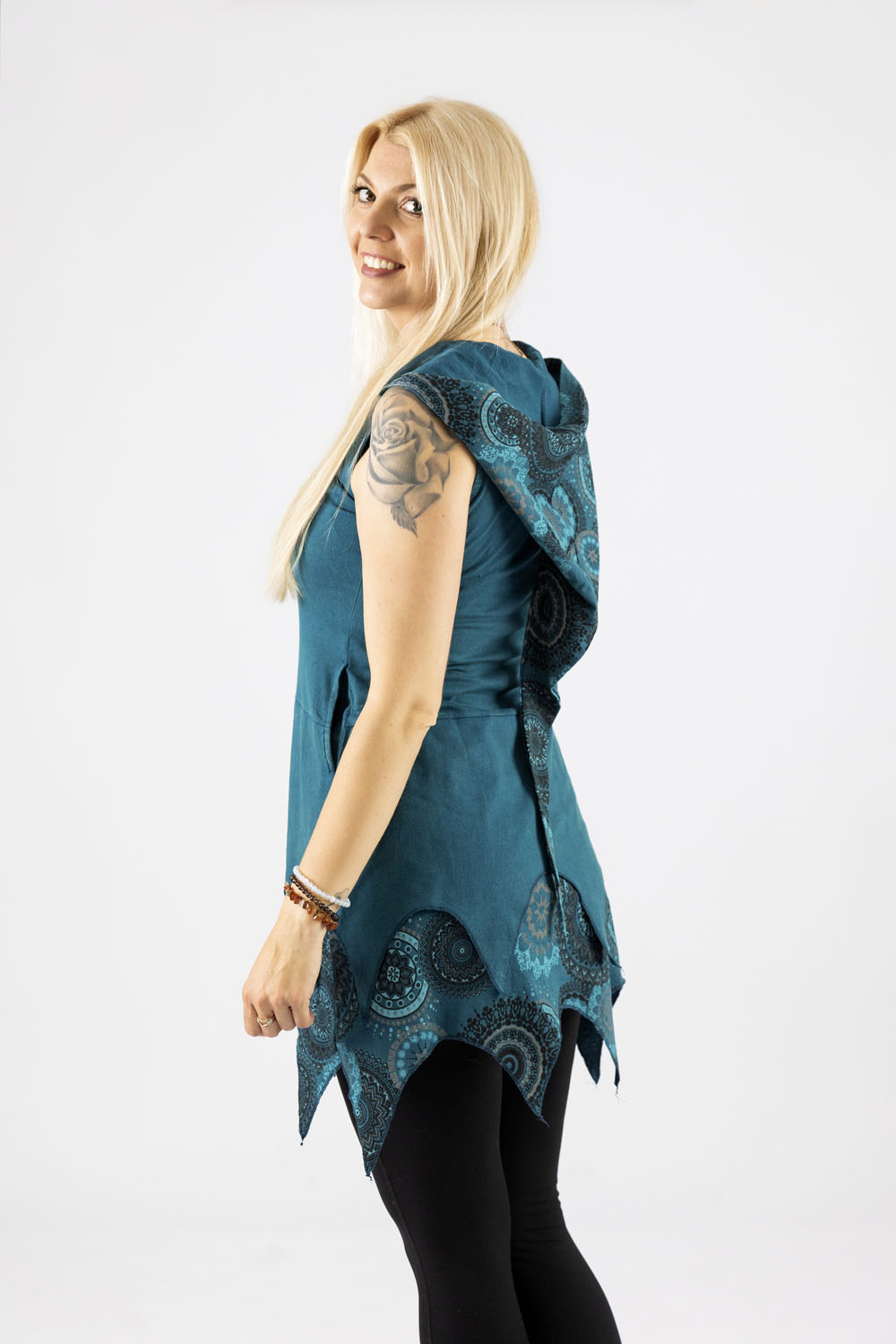 Wicked Dragon Clothing - Sylvie sleeveless stonewash tunic with long pixie hood