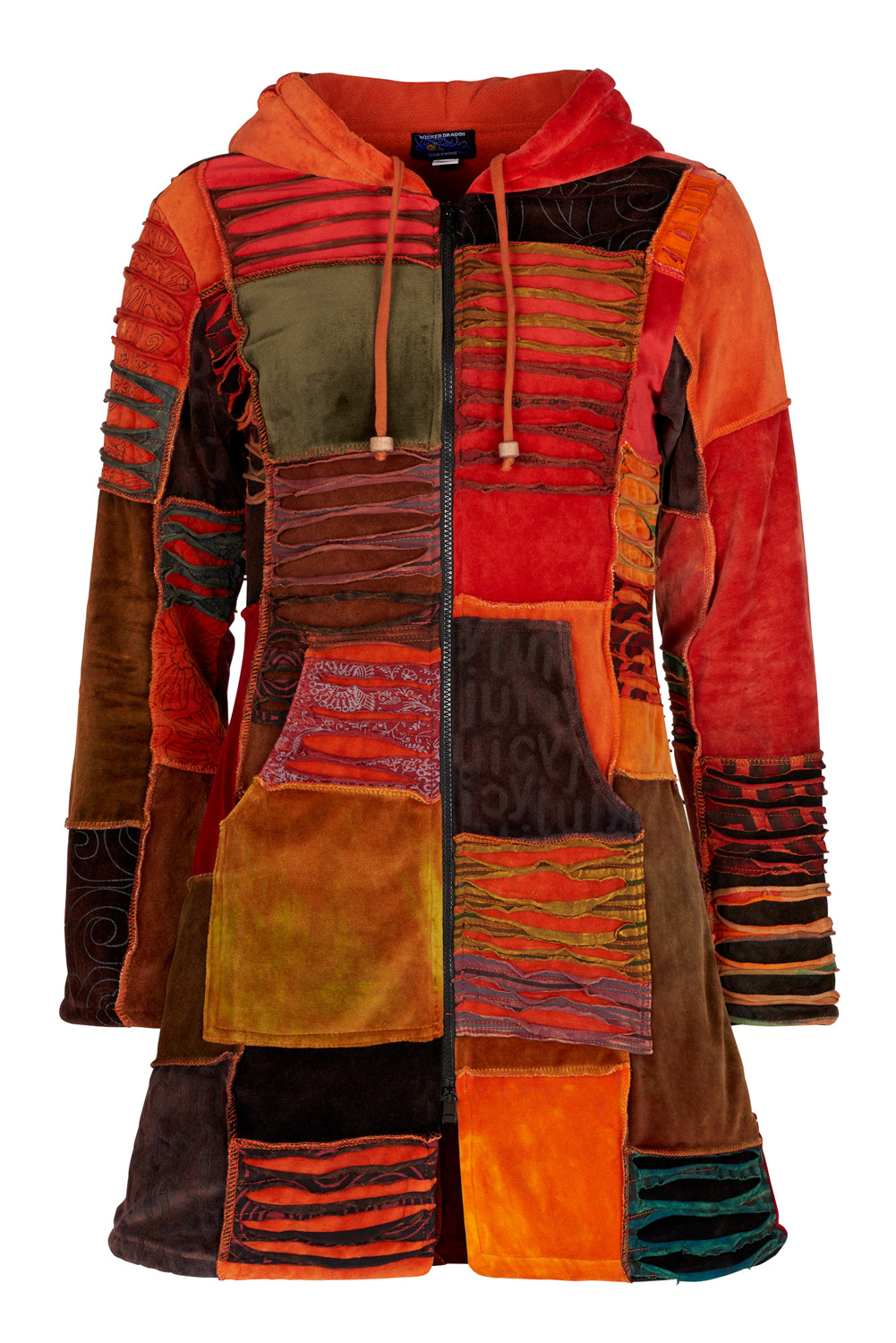 Wicked Dragon Clothing - Long fleece lined velvet patchwork jacket