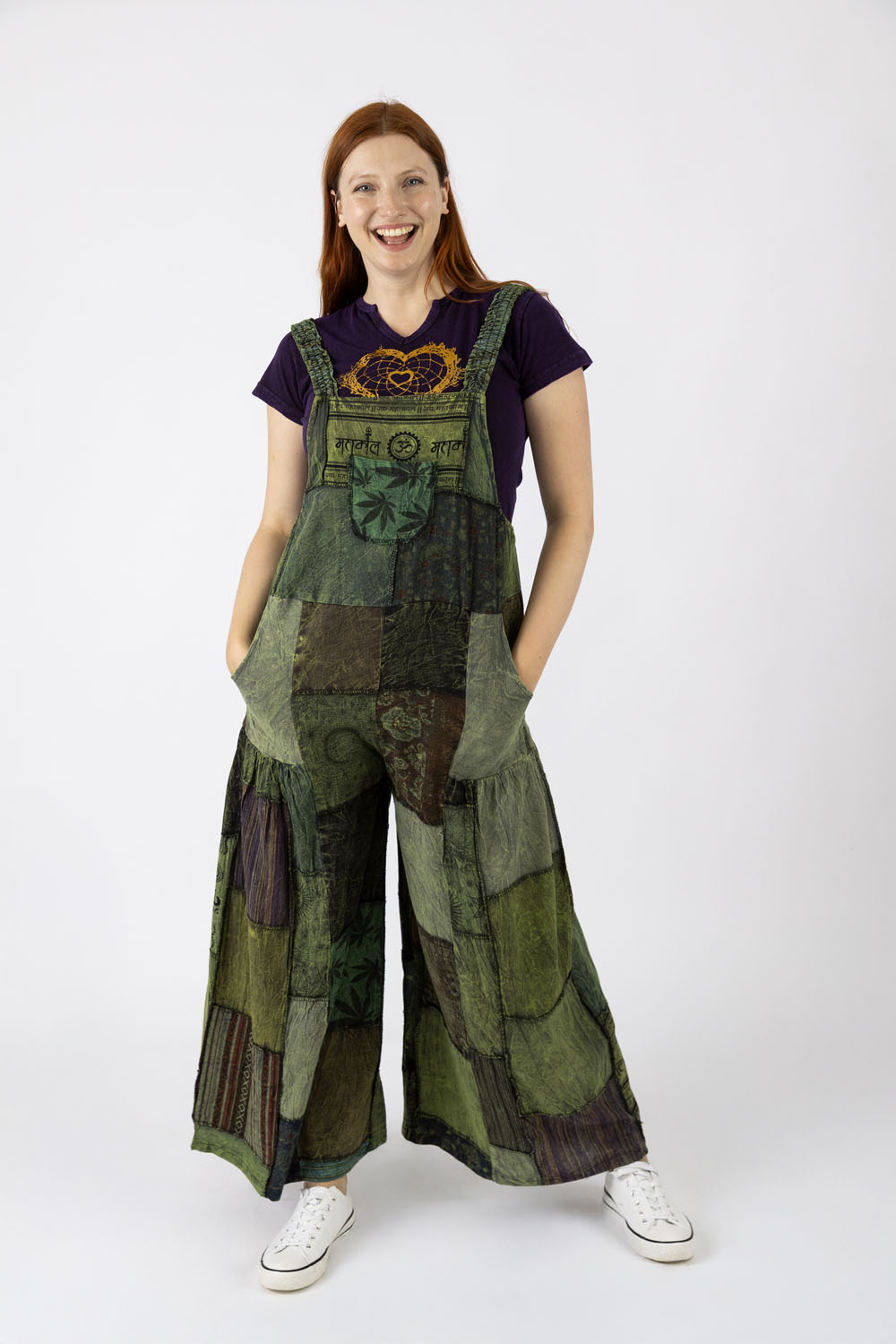 Wicked Dragon Clothing - Willow Patchwork Dungarees with Pockets | Boho Cotton Flared Overalls