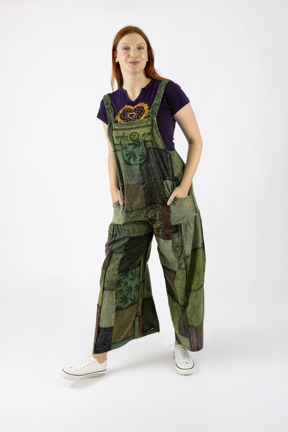 Wicked Dragon Clothing - Willow Patchwork Dungarees with Pockets | Boho Cotton Flared Overalls